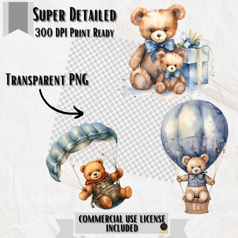 Watercolor Baby Shower Clipart Kit: Vintage Teddy Bear Illustrations, Blue Bear Hot Air Balloon ...