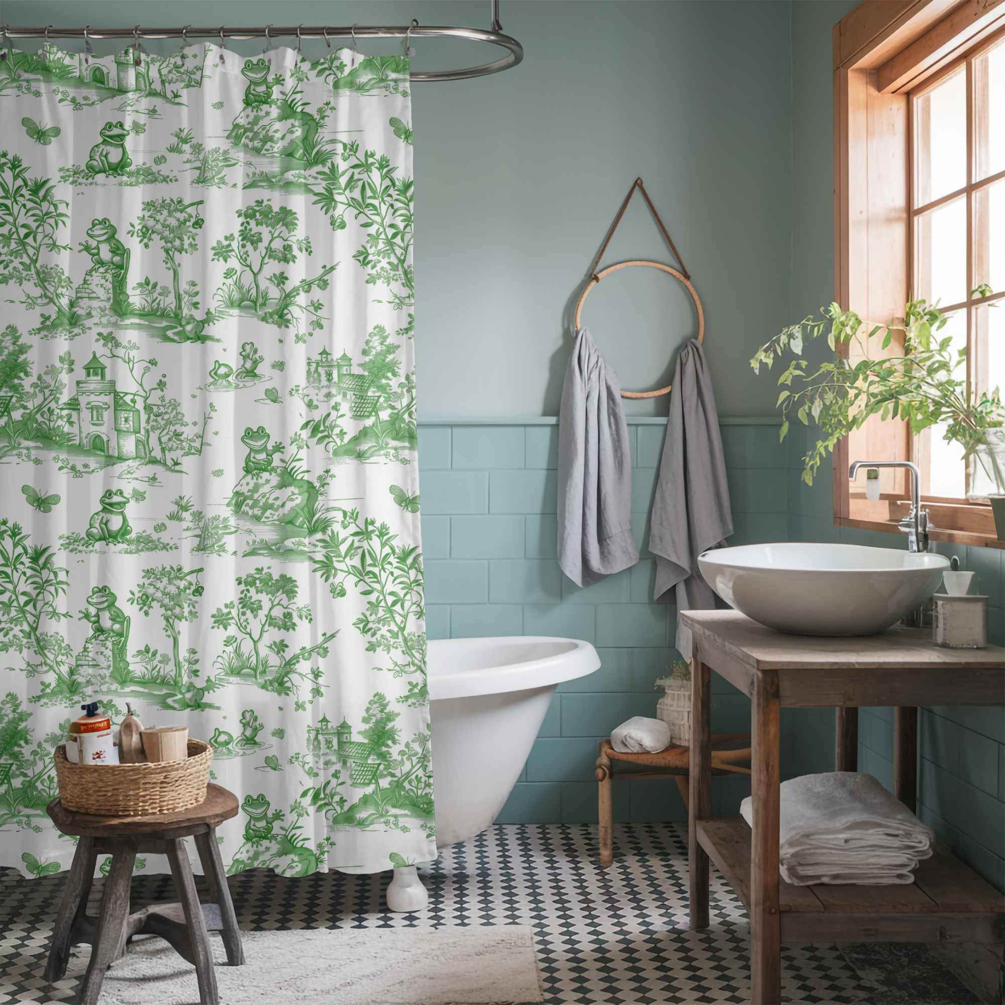 Green Frog Bath Decor French Toile Design Shower Curtain Housewarming ...