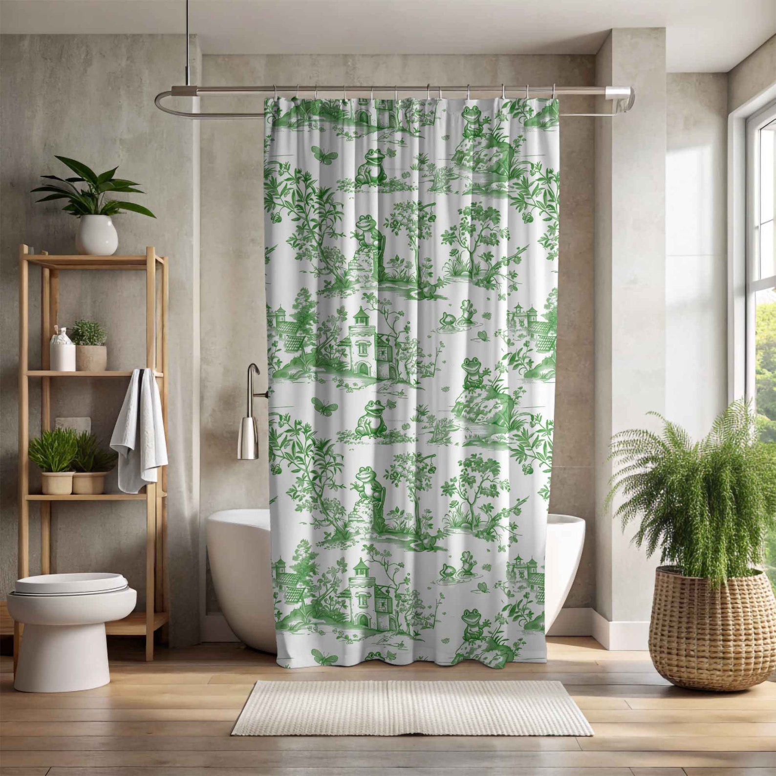 Green Frog Bath Decor French Toile Design Shower Curtain Housewarming ...
