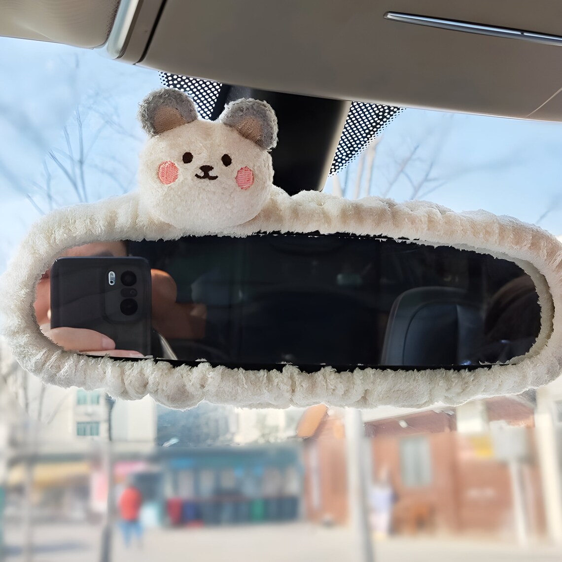 Cute Car Rearview Mirror Fluffy Bear Cover, Soft and Fuzzy Car ...