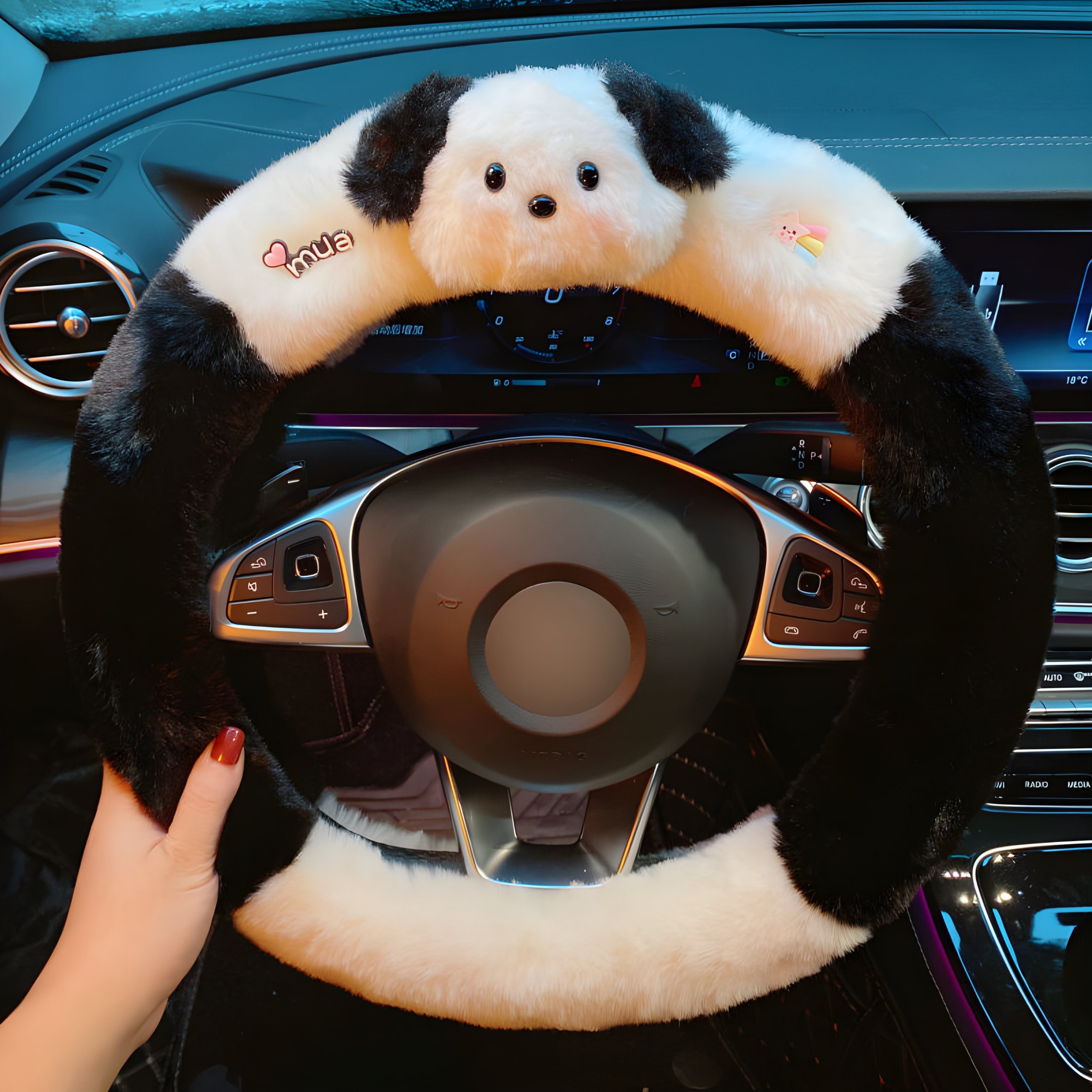 Cute Dog Steering Wheel Cover, Fluffy Stuffed Animal Car Accessory ...
