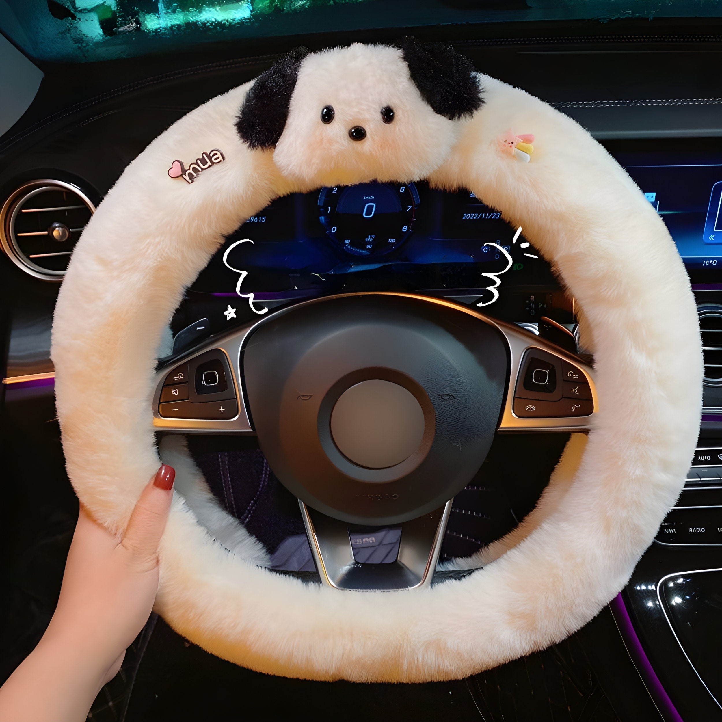 Cute Dog Steering Wheel Cover, Fluffy Stuffed Animal Car Accessory ...