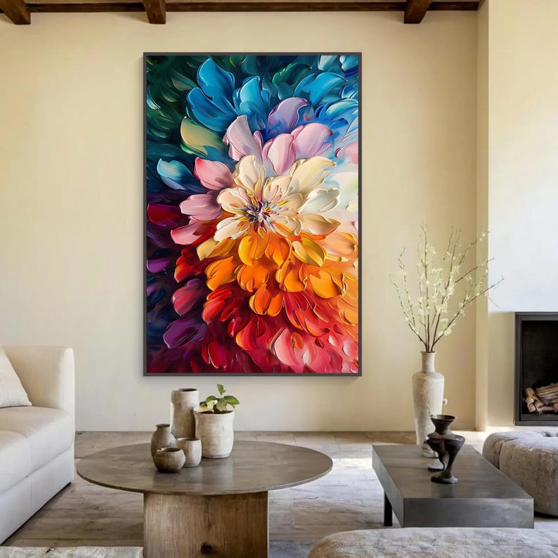 Colorful Floral Oil Painting on Canvas, Abstract Textured Impasto Art ...