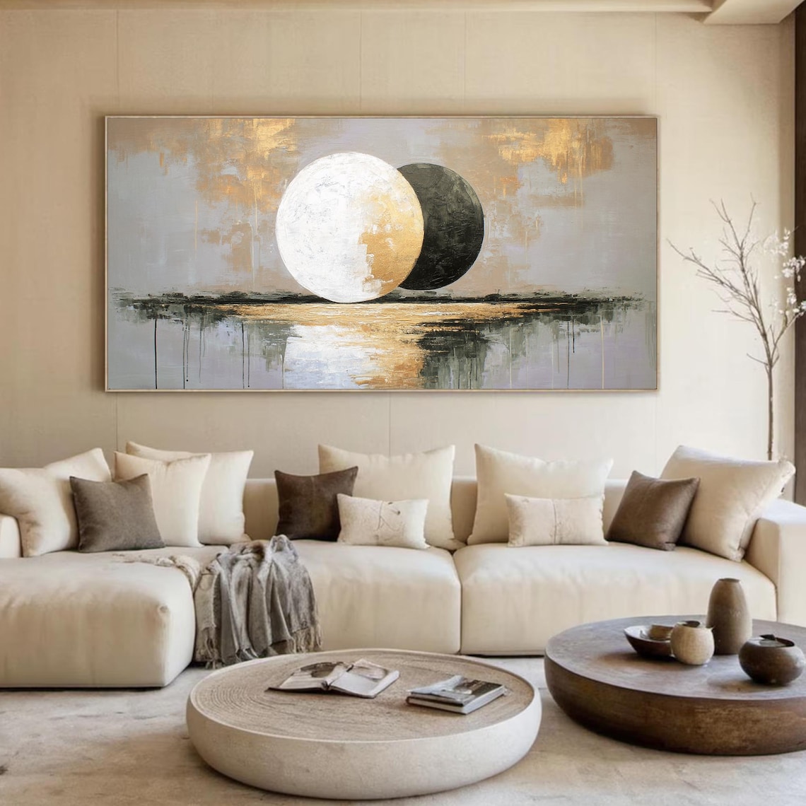 Luxurious Gold Leaf Moon Oil Painting 3D Textured Celestial Wall Art ...