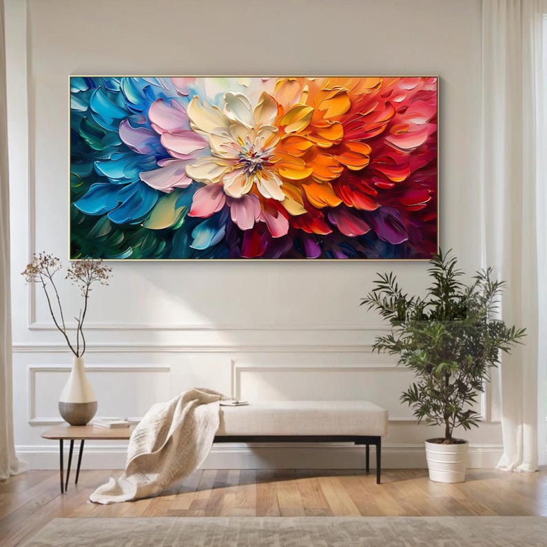 Colorful Floral Oil Painting on Canvas, Abstract Textured Impasto Art ...