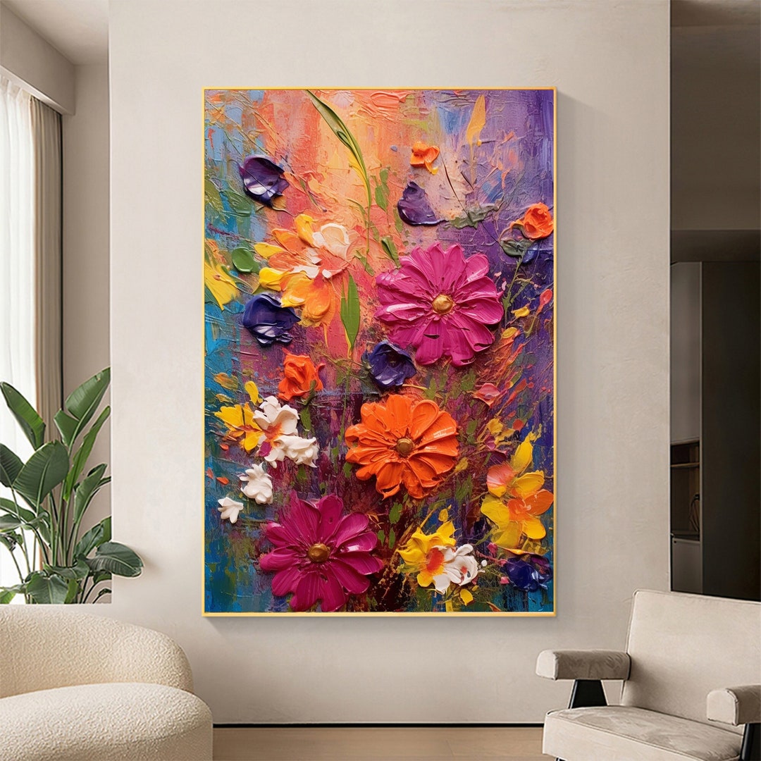 Large Floral Oil Painting on Canvas, Abstract Colorful Flower Landscape ...