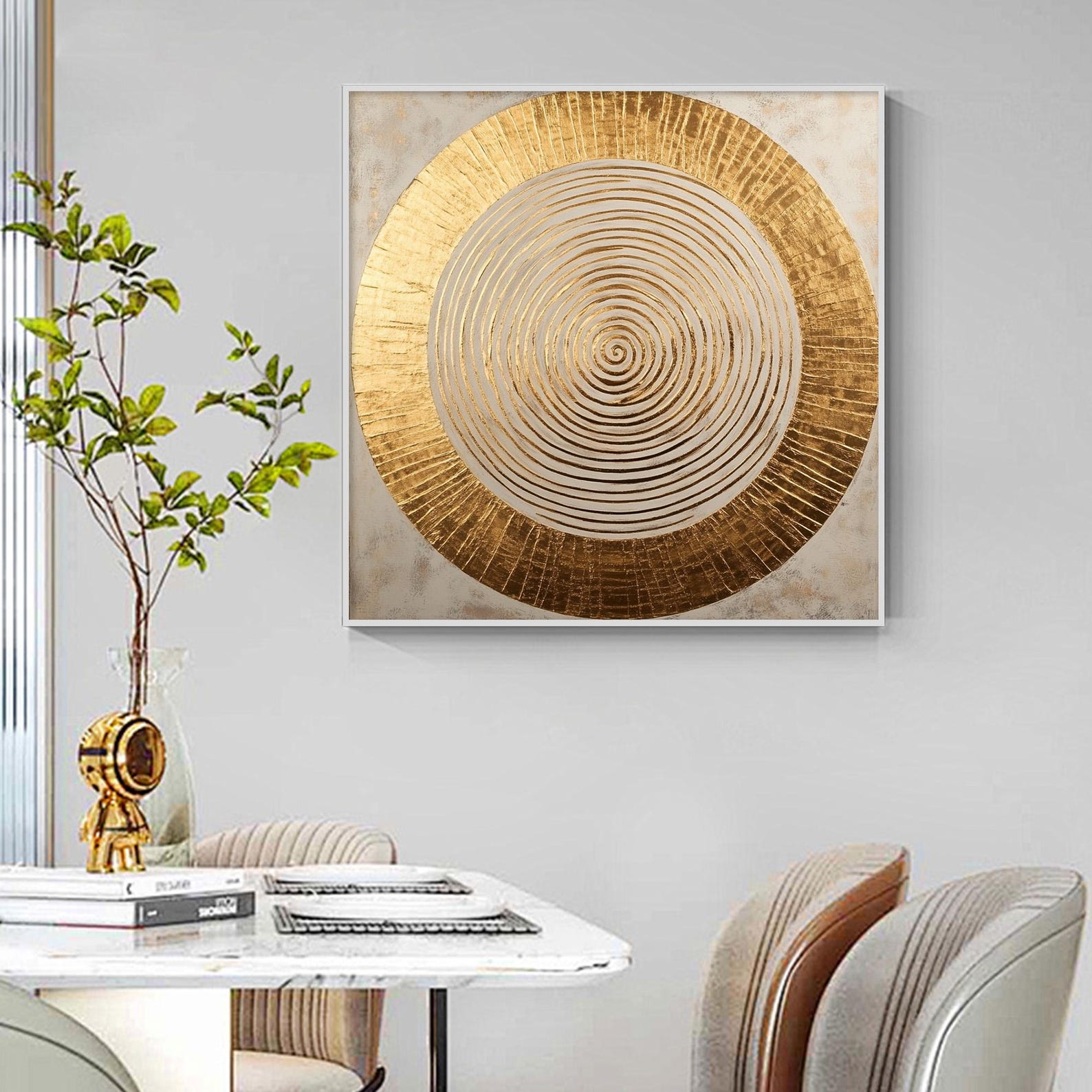 Large Golden Circle Oil Painting, Abstract Gold Leaf Texture ...