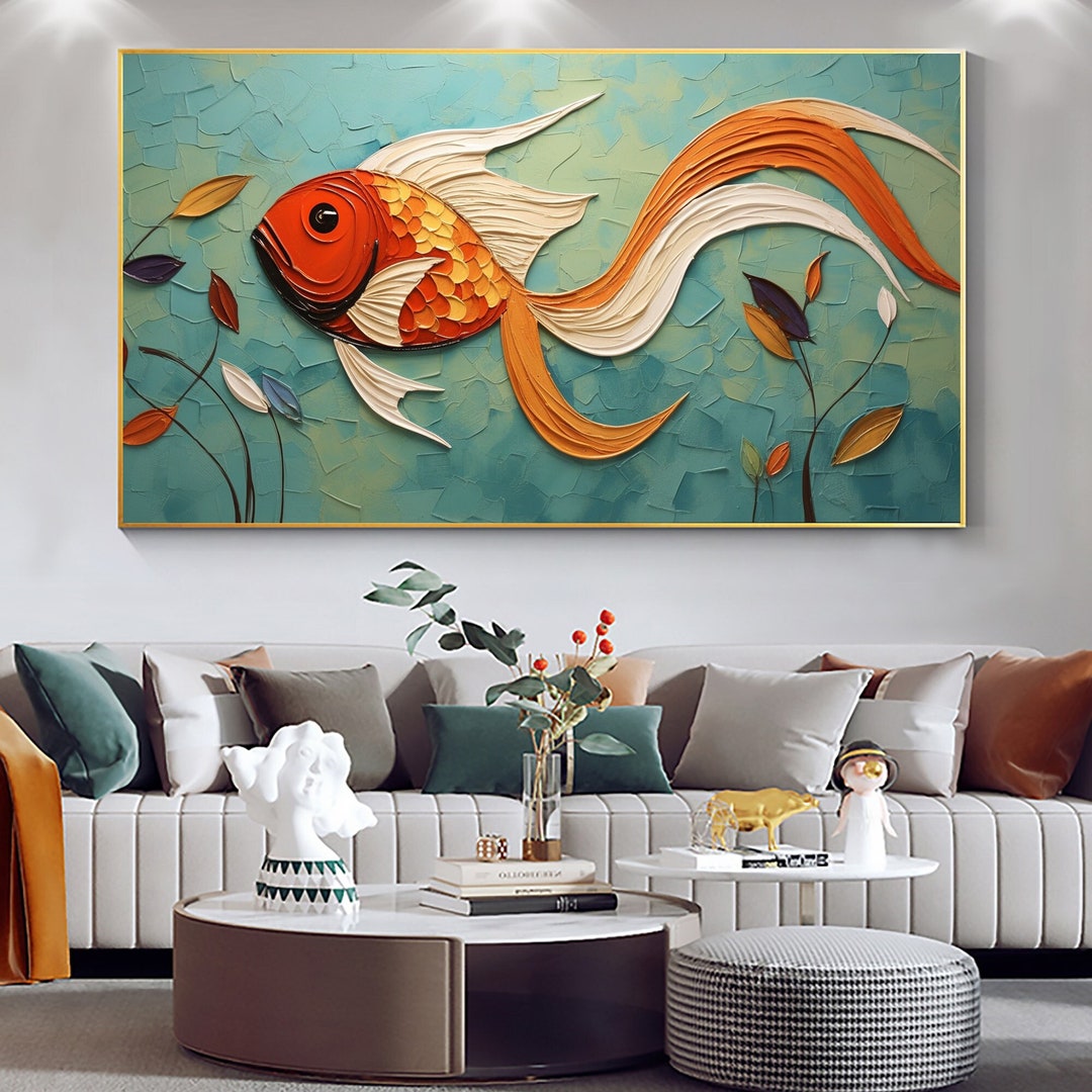 Abstract Swimming Fish Oil Painting on Canvas,large Wall Art, Original ...