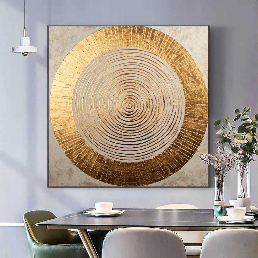 Large Golden Circle Oil Painting, Abstract Gold Leaf Texture ...