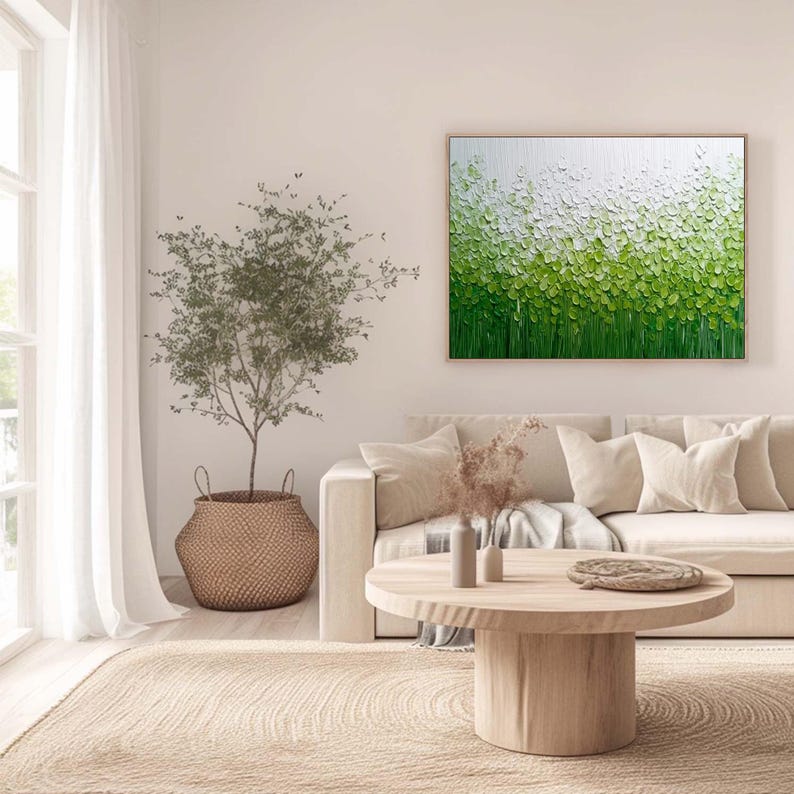 Large Textured Green White Painting, Original Abstract Flower Field ...