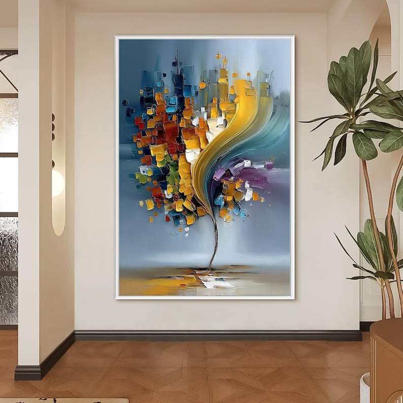Abstract Tree of Life Painting, Textured Impasto Artwork, Yellow Blue ...