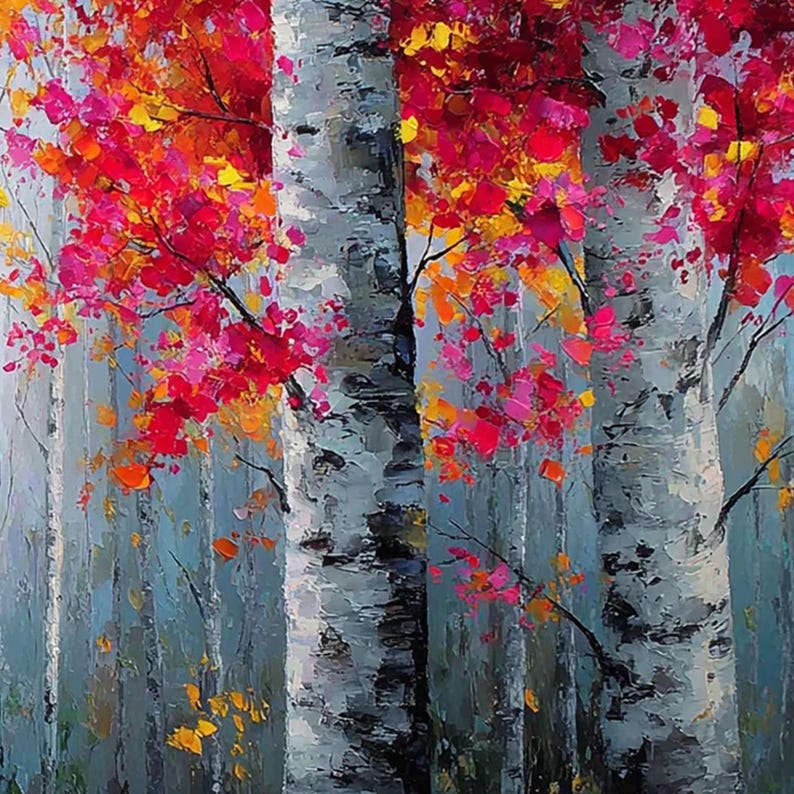 Textured Birch Tree Painting, Autumn Forest Impasto Landscape, Modern ...