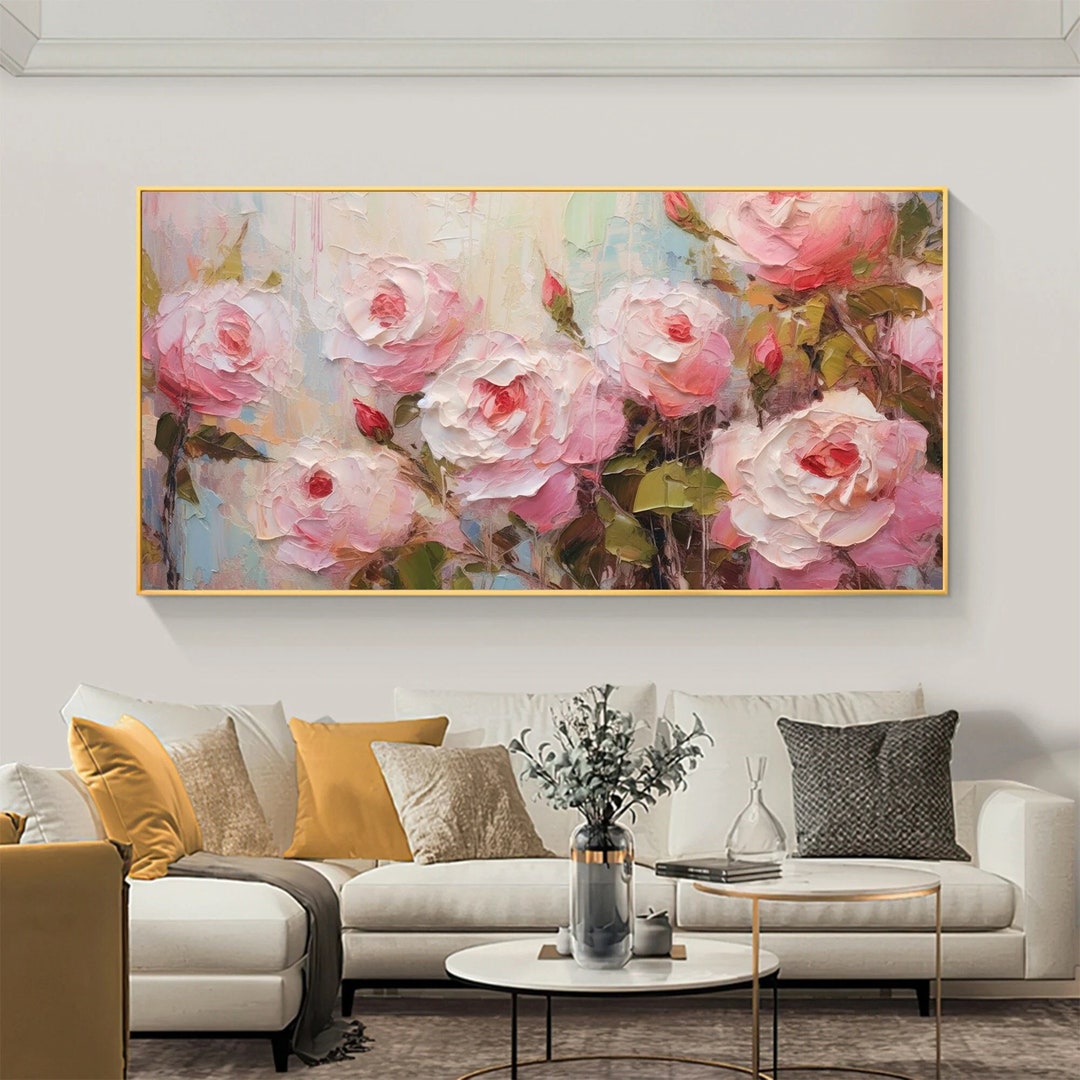 Large Rose Flower Oil Painting on Canvas, Abstract Pink Floral, Boho ...