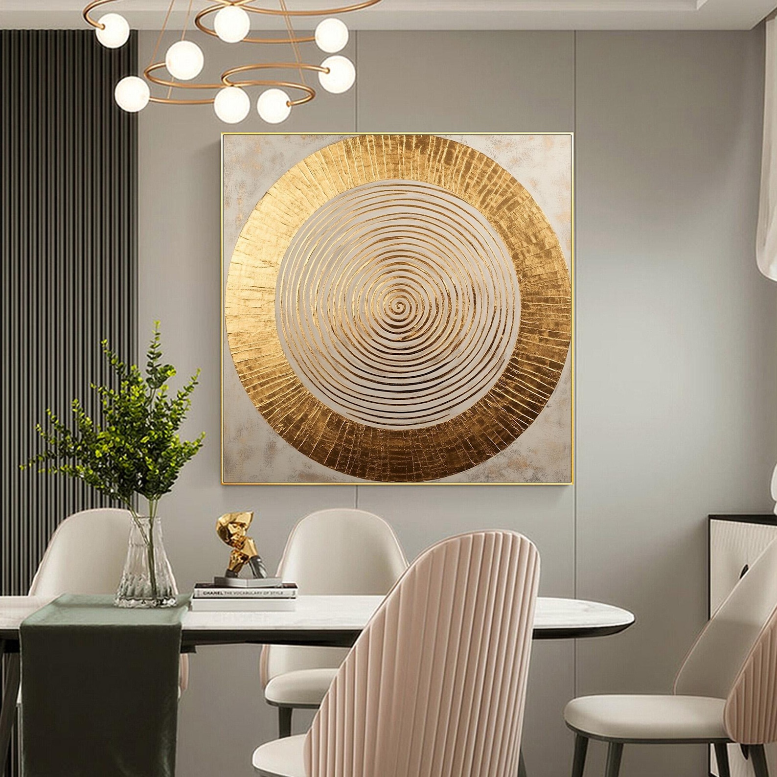 Large Golden Circle Oil Painting, Abstract Gold Leaf Texture ...