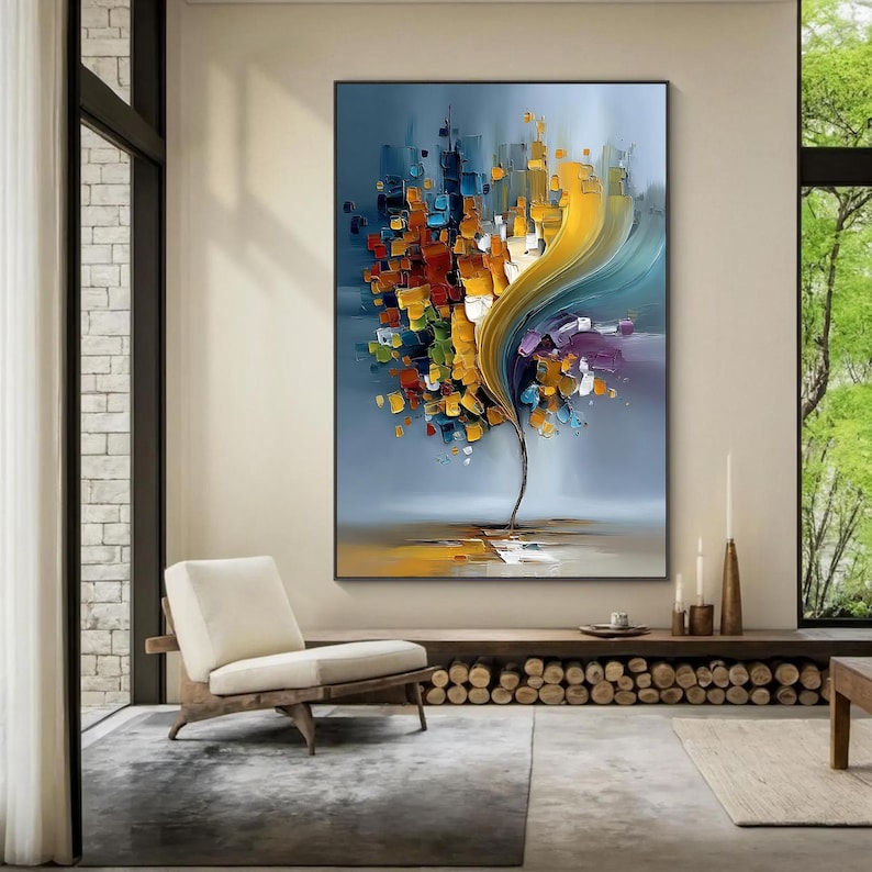 Abstract Tree of Life Painting, Textured Impasto Artwork, Yellow Blue ...
