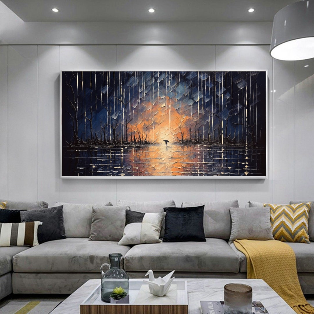 Abstract Rainy Night Oil Painting on Canvas, Large Lonely Landscape Art ...