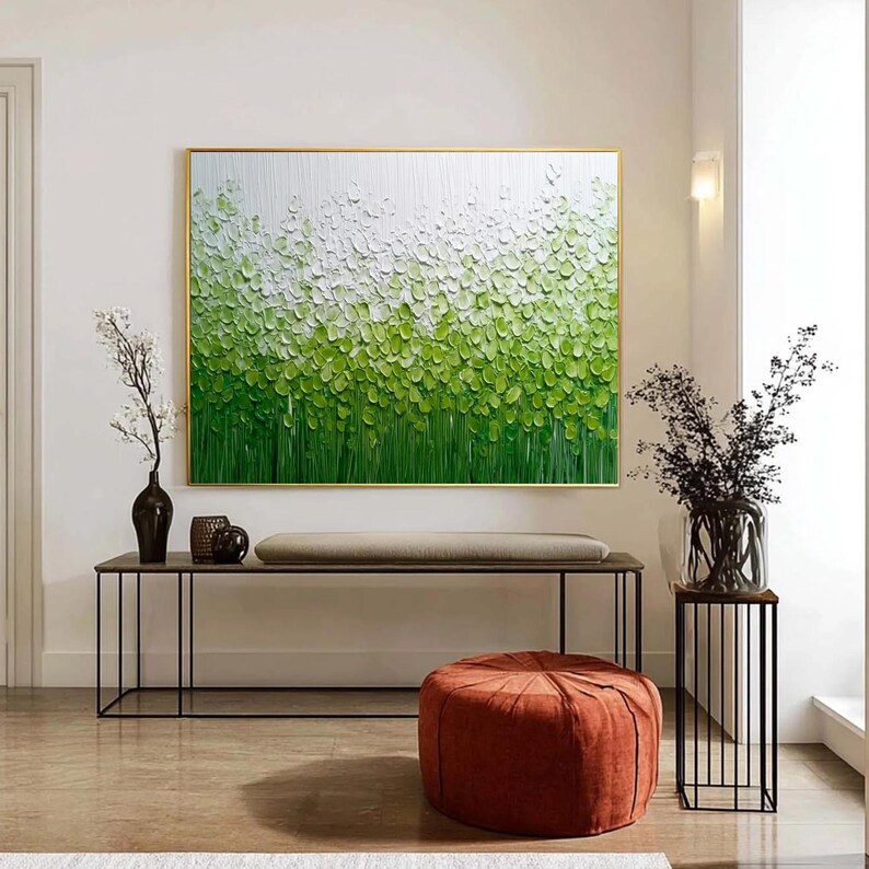 Large Textured Green White Painting, Original Abstract Flower Field ...