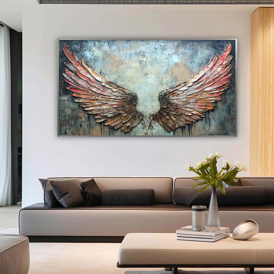 Abstract Angel Wing Oil Painting on Canvas, Pink & Blue, Boho Wall Art ...