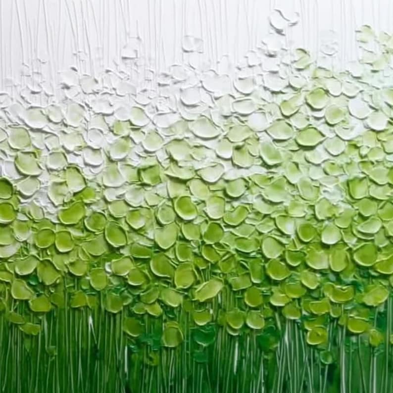 Large Textured Green White Painting, Original Abstract Flower Field ...