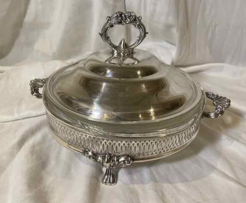Reticulated Round Silver Plate Serving Dish With Handles and Lid Glass ...
