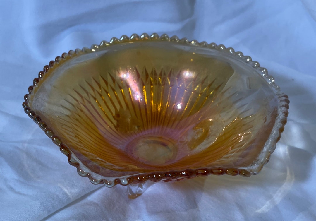 3-legged Amber Luster Carnival Glass Bowl With Beaded Edge - Etsy