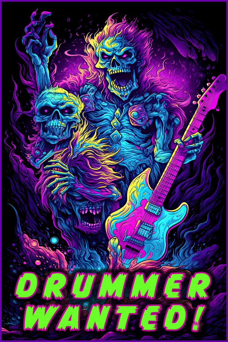 Drummer Wanted - Poster, Blacklight Poster, Monster Rock, Shred Guitar ...