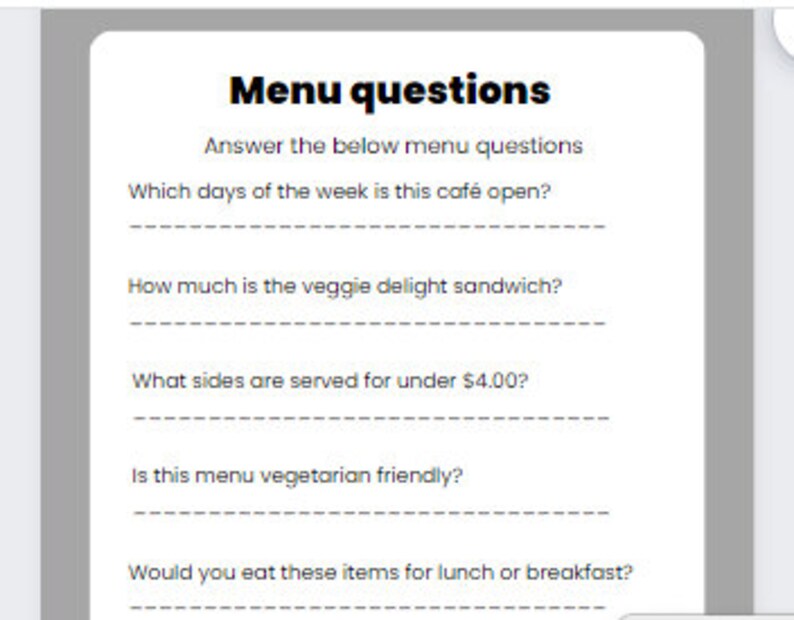 Functional Menu- Answering Questions About a Restaurant Menu - Etsy
