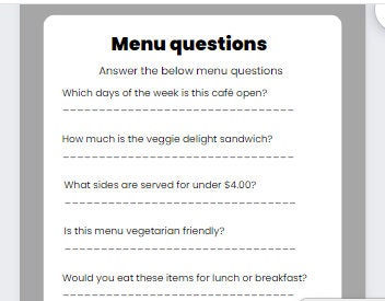 Functional Menu- Answering Questions About a Restaurant Menu - Etsy