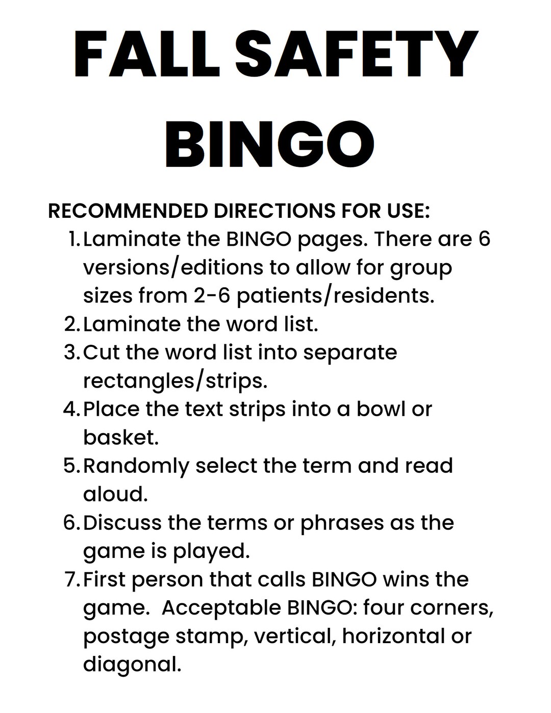 Speech Therapy- Group or Individual Fall Safety BINGO - Etsy