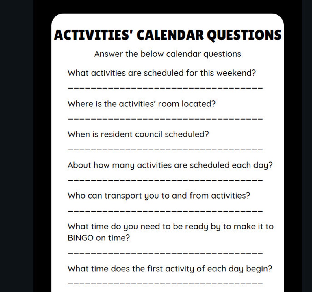 Activities' Calendar Questions- in the SNF - Etsy