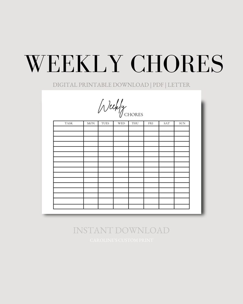 Weekly Chores, Chores List, Printable, PDF, Letter - Etsy