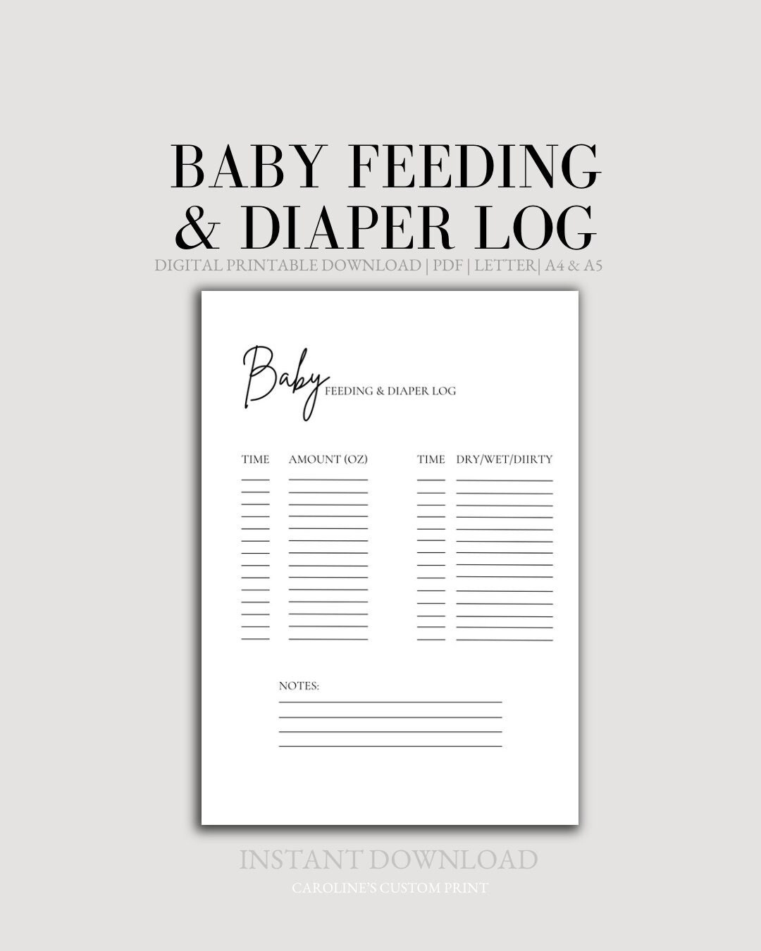 Baby Feeding & Diaper Log, Digital Download, PDF, Letter, A4 and A5 - Etsy