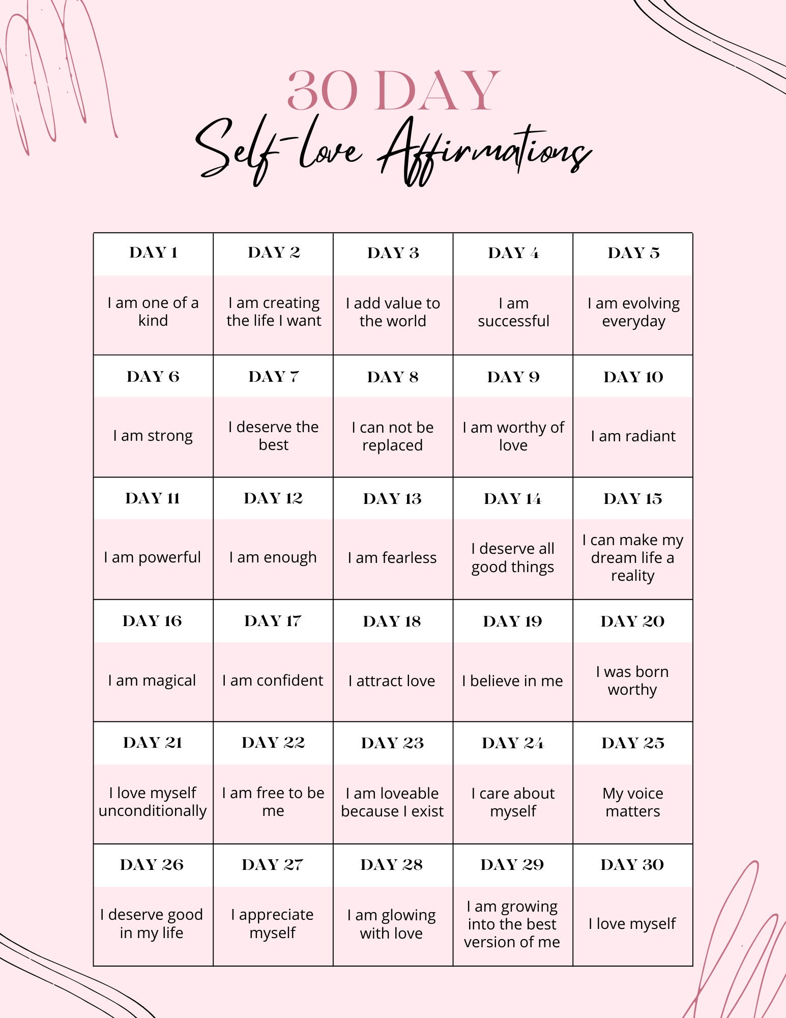 30 Day Self-love Affirmation Calender - Etsy