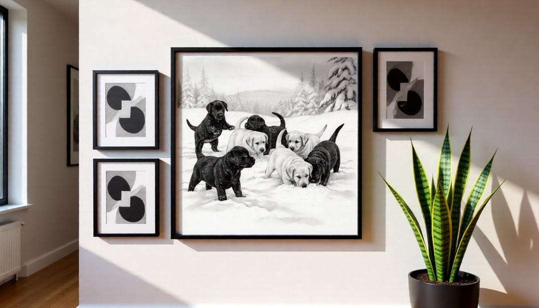 Winter Lab Puppies Snow Scene - Printable Holiday Dog Art - Etsy