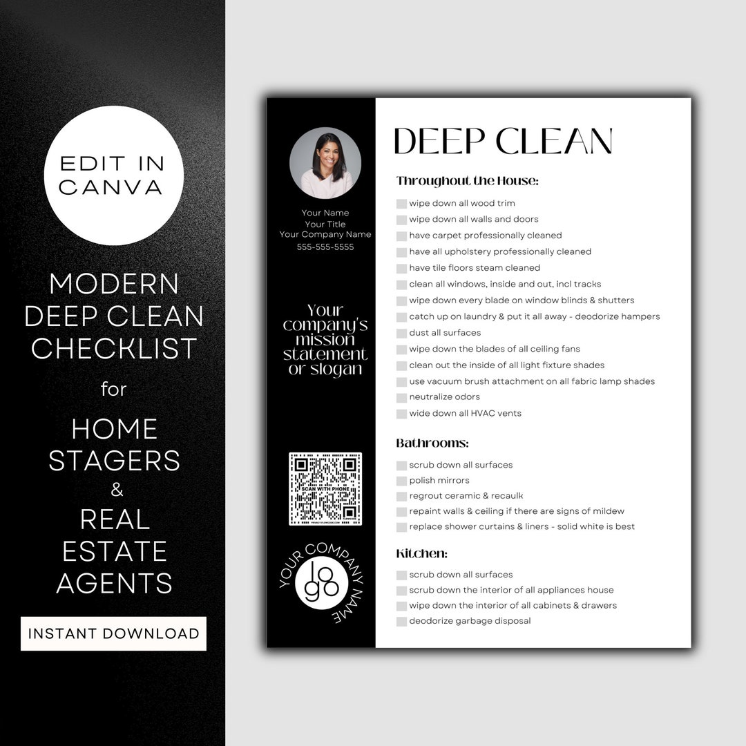 Home Staging Checklist Deep Clean Black & White Pre Listing Guide for ...