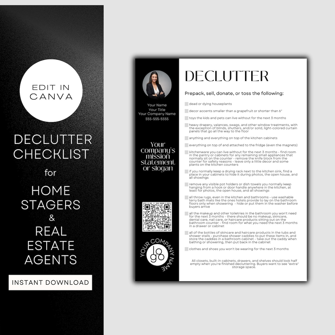 Black & White Declutter Checklist | Pre-listing Prep Staging List for ...