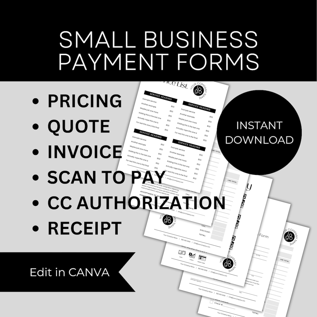 Small Business Forms, Price Sheet, Quote, Invoice, Scan to Pay Sign ...