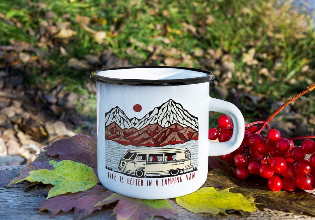 Camping Van Mugs Campervan White Color Enamel Mugs Nature Motorhome ...