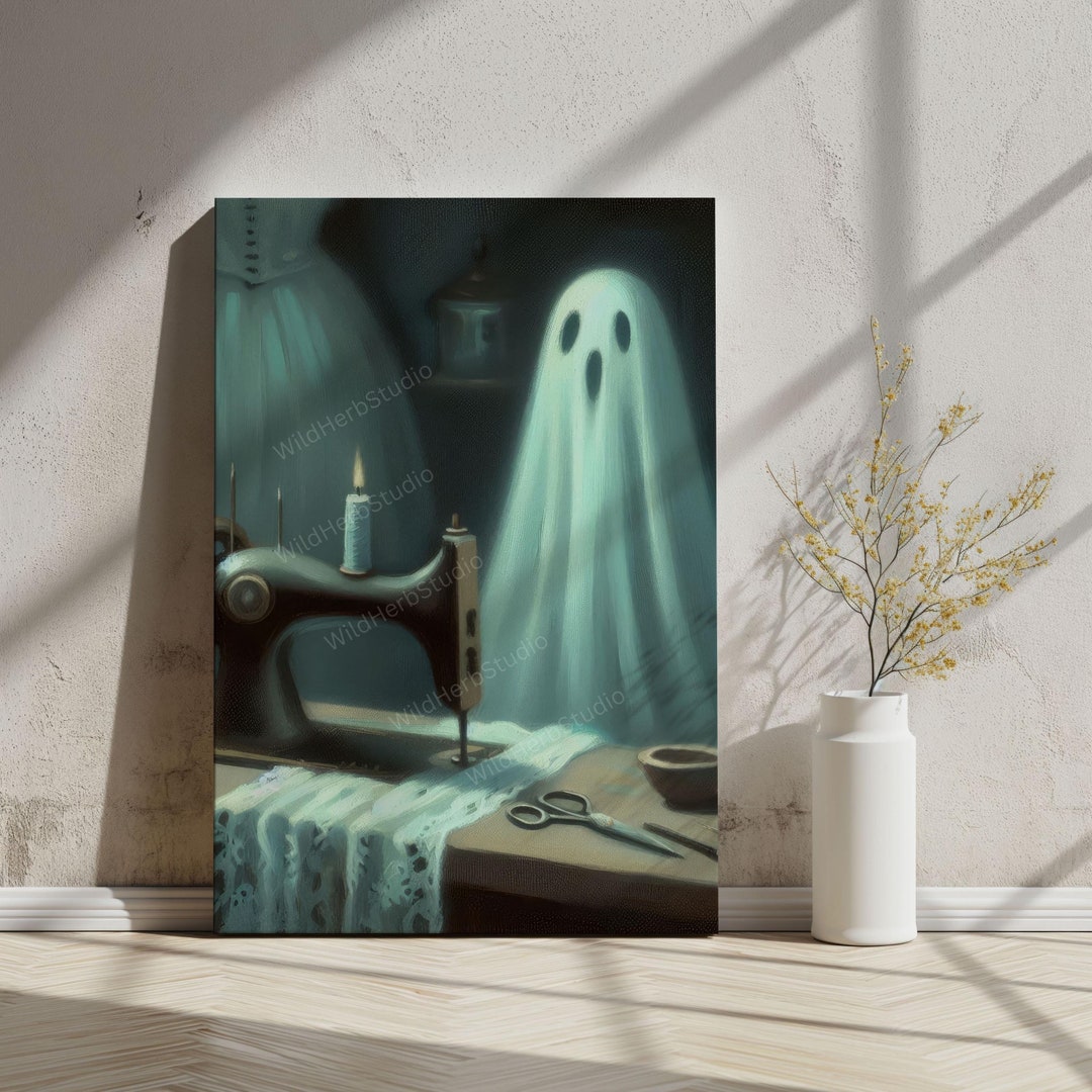 Ghost With a Sewing Machine Wall Art | Spooky Sewing Room Prints ...