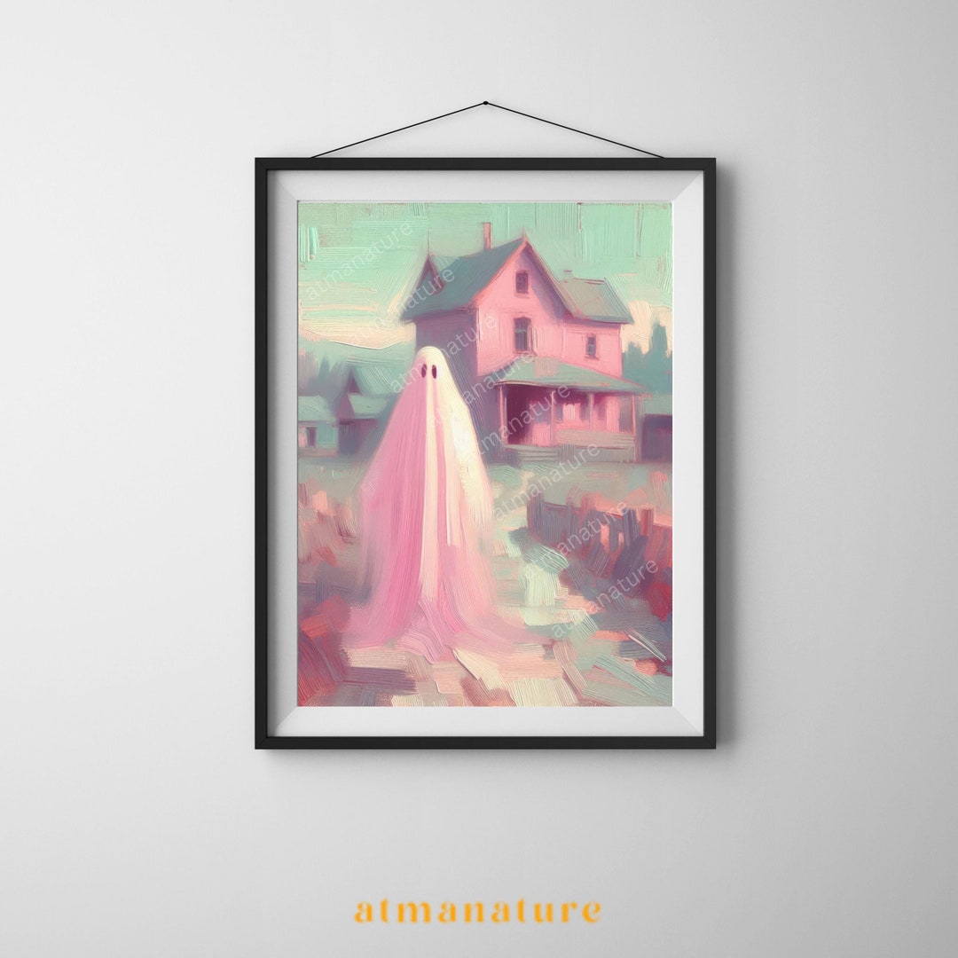 Pink Farmhouse Ghost Art Print: Spooky Cottagecore Halloween Decor ...