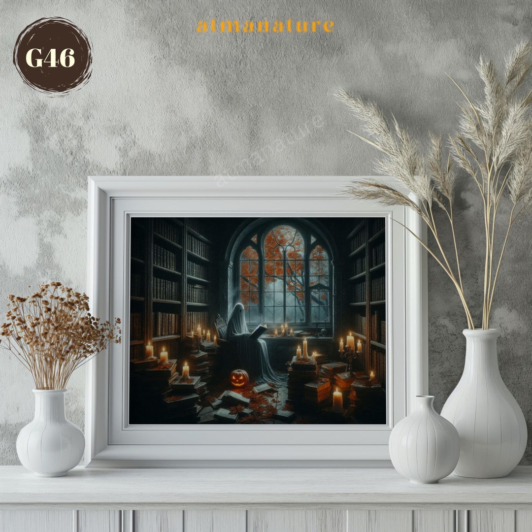 Halloween Decor, Ghost Reading Books Print, Vintage Library Ghost Art ...