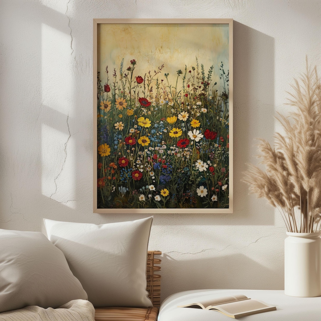Wildflower Meadow Framed Wall Art, Vintage Botanical Landscape Sign, Modern Farmhouse Canvas Art ...