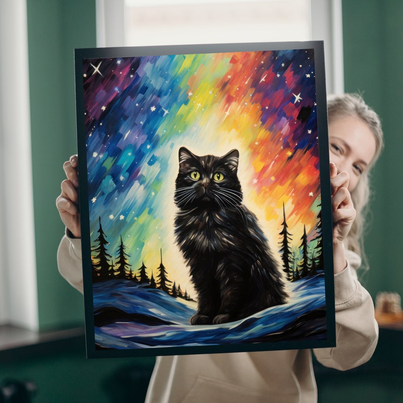 Northern Lights Cosmic Cat Art, Aurora Borealis Feline Wall Decor ...
