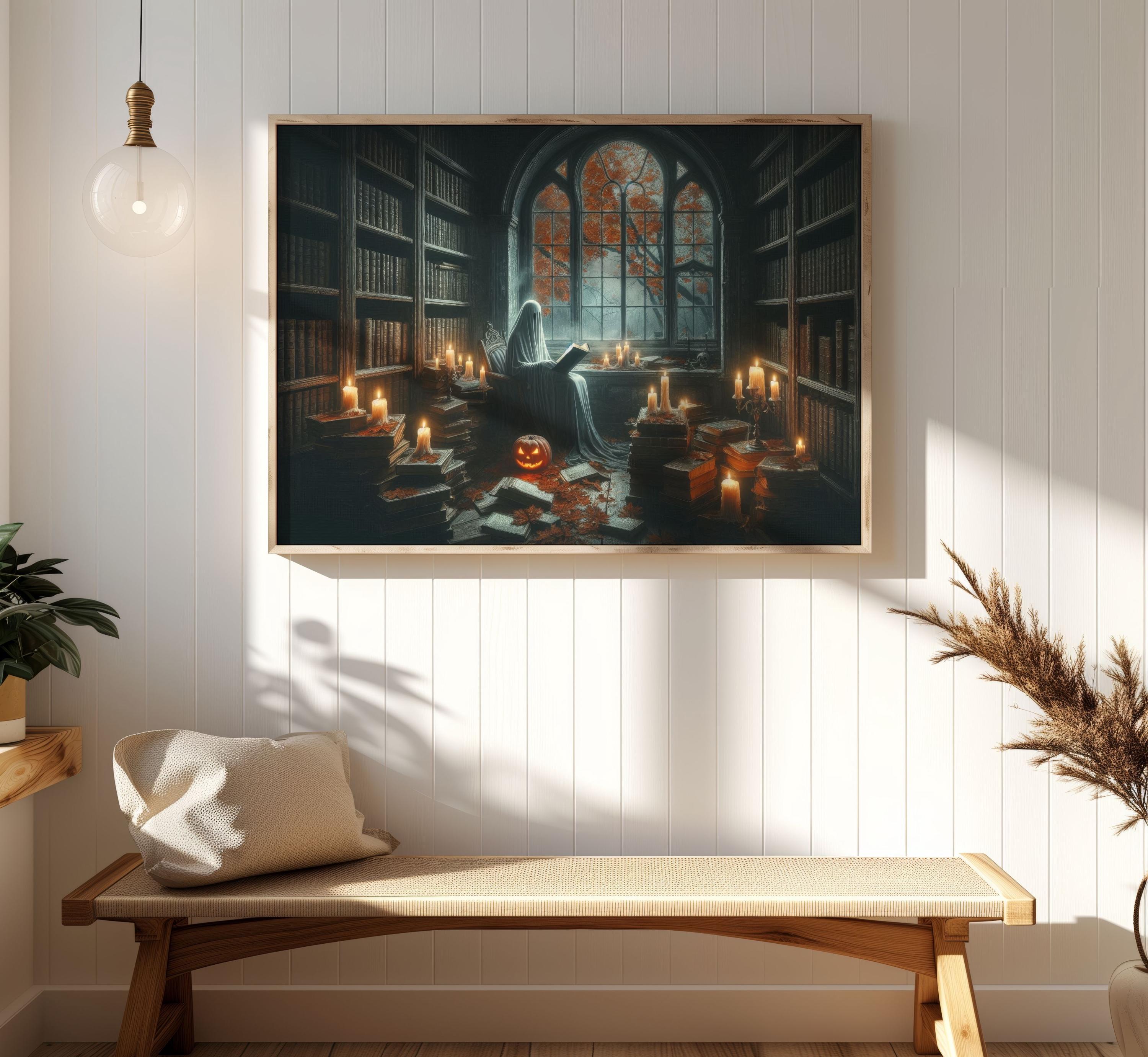 Ghost in Library Print, Vintage Ghost Wall Art, Spooky Ghost Reading ...