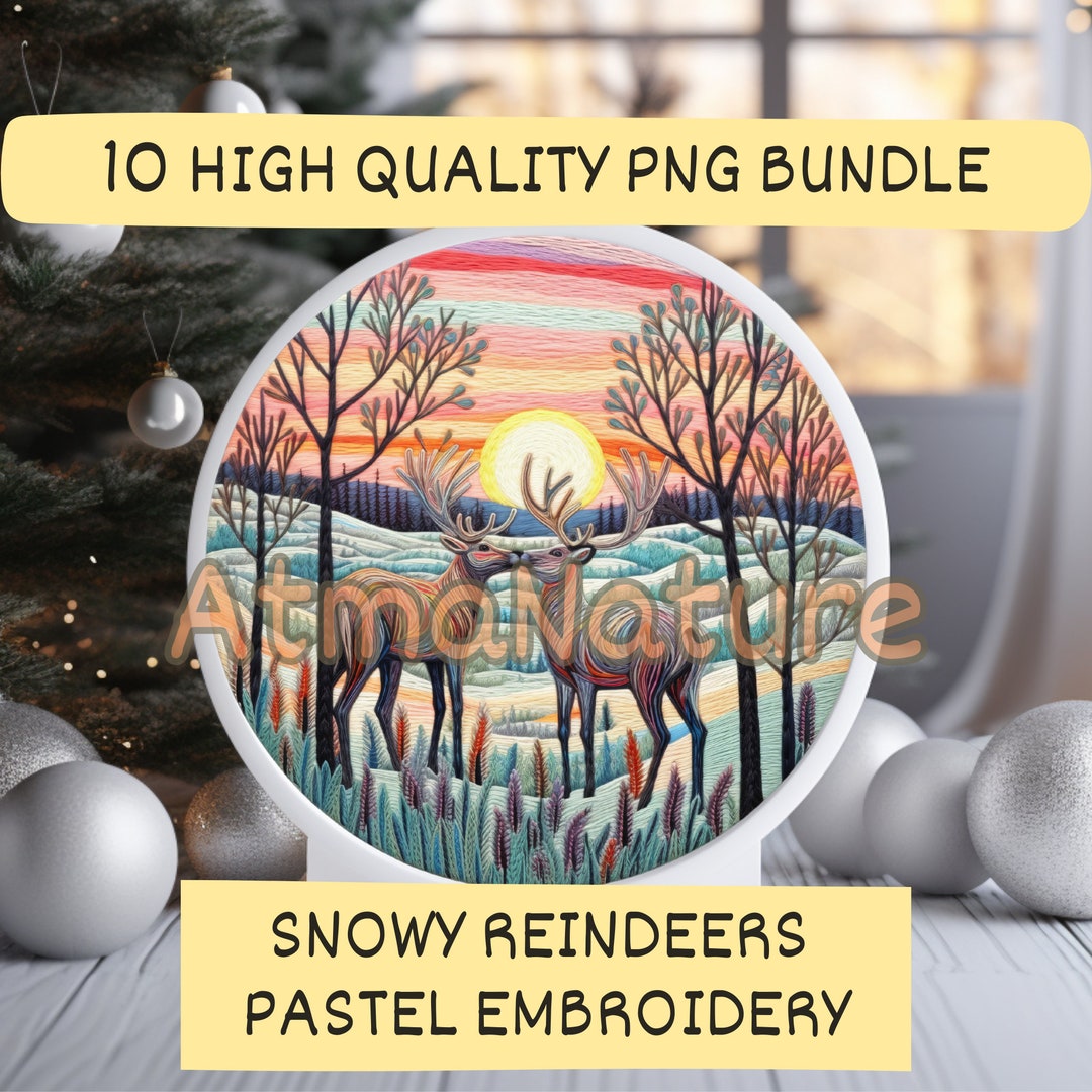 Christmas Reindeer PNG Bundle: Pastel Embroidery Ornaments (digital ...