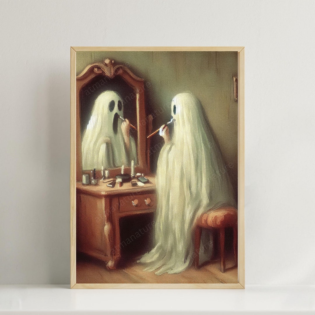 Ghost Reflection on Vanity Mirror Wall Art | Spooky Ghost Makeup Room ...
