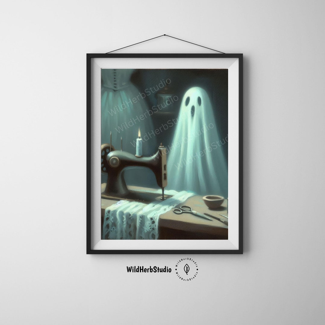 Vintage Halloween Ghost Seamstress Art Print: Spooky Sewing Room ...
