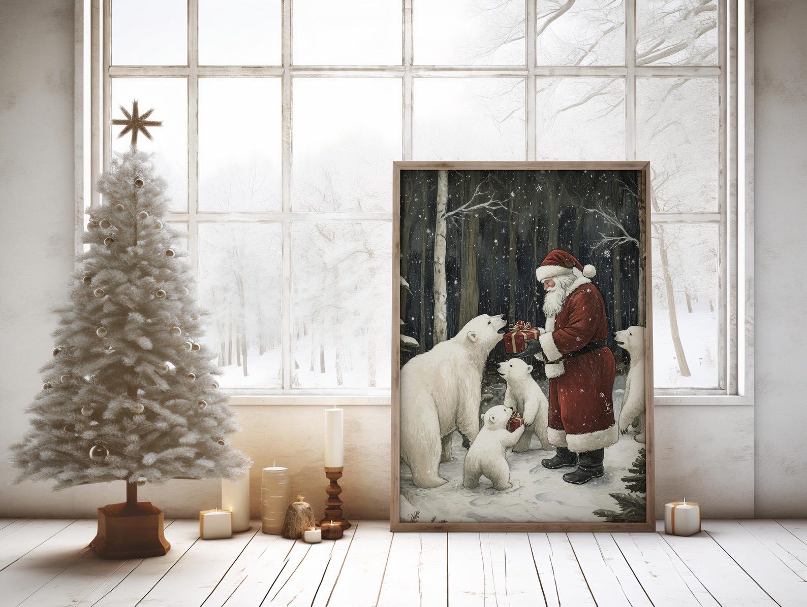 Santa and Polar Bears Art Print: Winter Wonderland Scene (digital ...