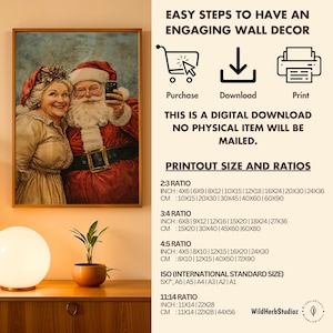 Santa and Mrs. Claus Selfie Print | Vintage Christmas Couple Art Decor ...