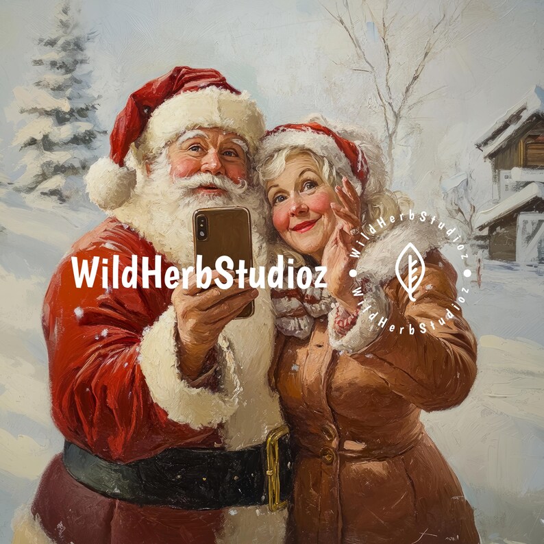 Santa & Mrs. Claus Selfie Art: Vintage Christmas Print (digital ...